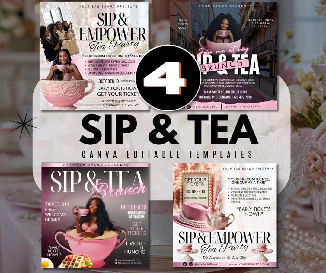 Sip & Tea Brunch Flyer Bundle | 4 Editable Canva Instagram Post ...