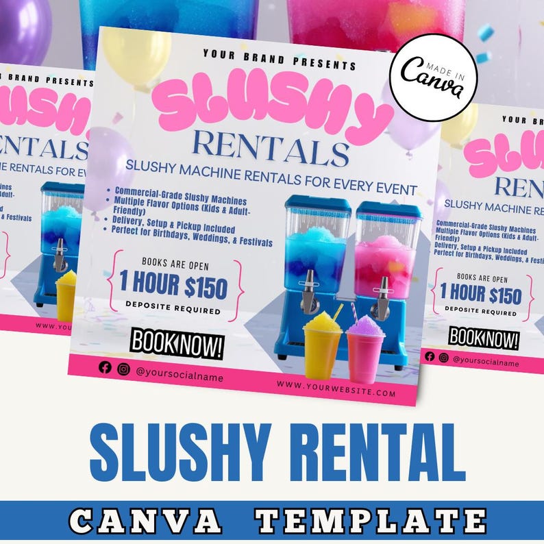 Slushy Machine Rental Flyer Template | Canva Editable Party Flyer ...