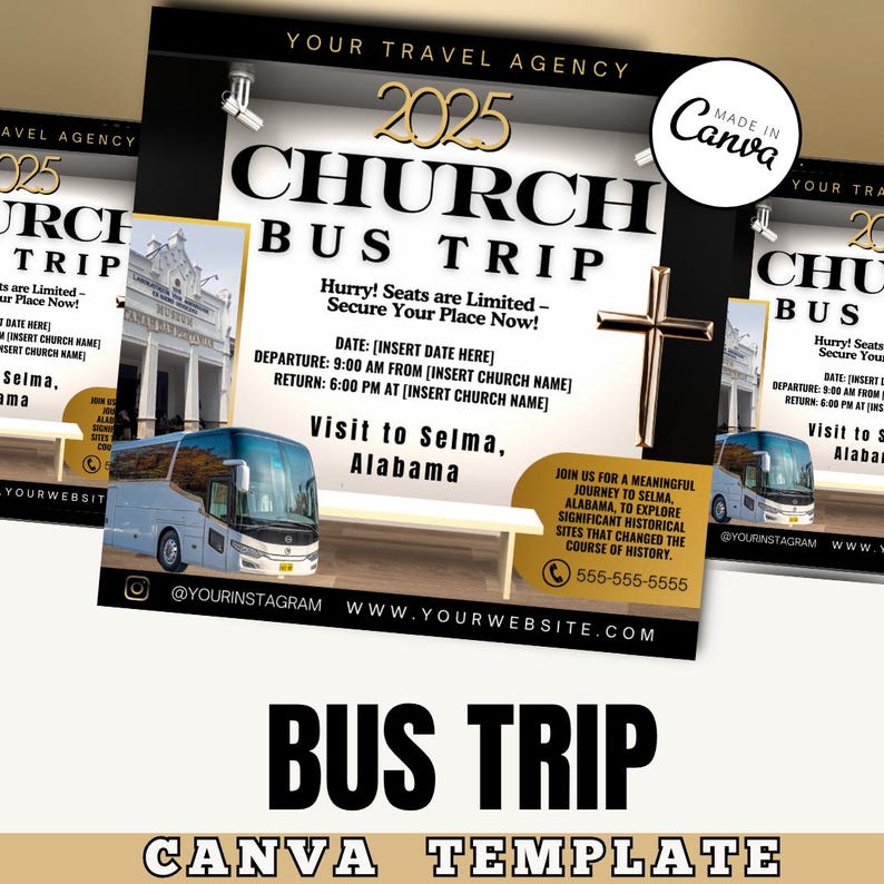 Church Bus Trip Flyer Template - Editable Itinerary Design for Group ...