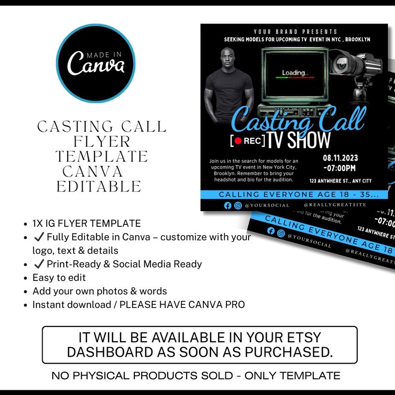 Animated Casting Call TV AUDITION Flyer Canva Template / Casting Call ...