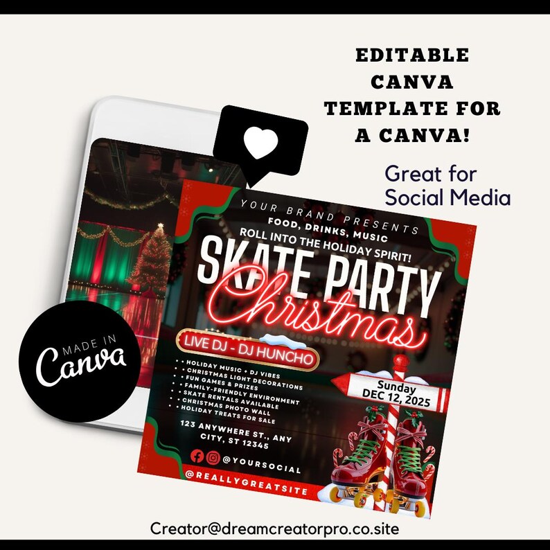 Christmas Skate Party Flyer Template | Holiday Roller Skate Event Canva ...
