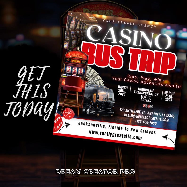 Casino Bus Trip Flyer Template | Bus Tour Flyer Design Editable Canva ...
