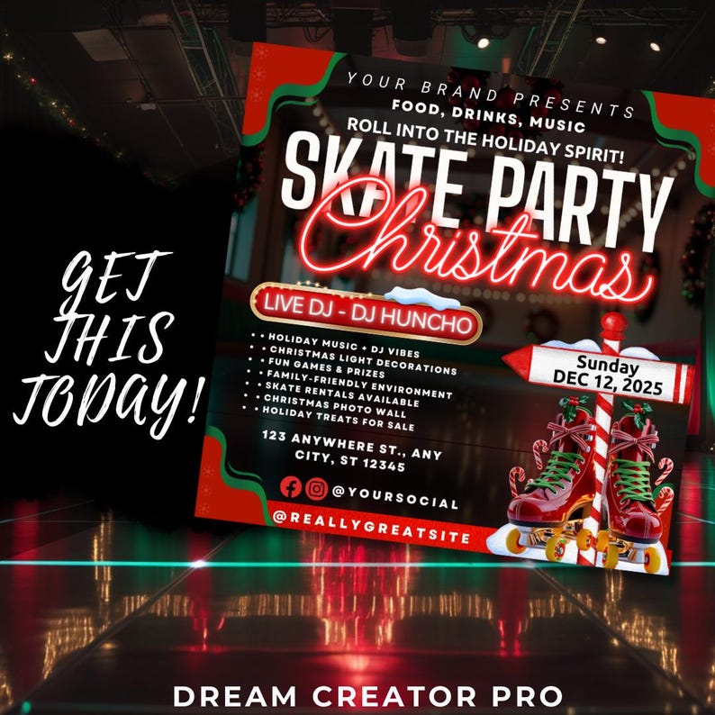 Christmas Skate Party Flyer Template | Holiday Roller Skate Event Canva ...
