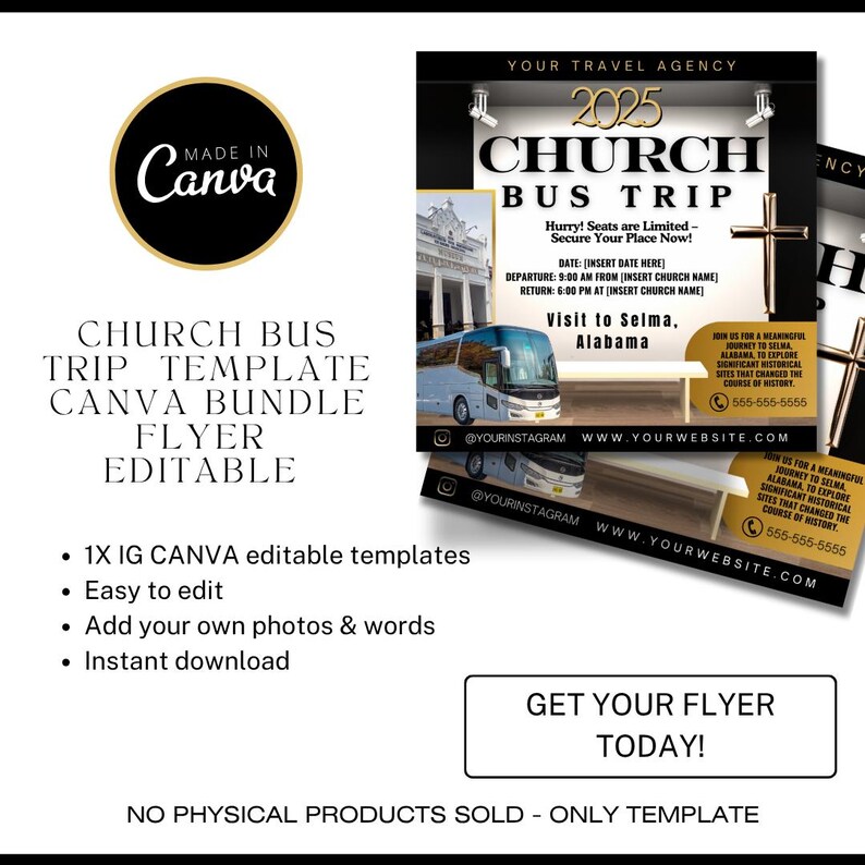 Church Bus Trip Flyer Template - Editable Itinerary Design for Group ...