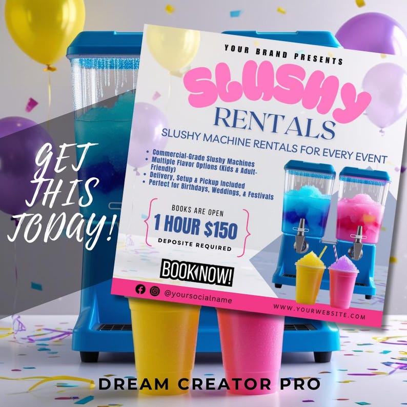 Slushy Machine Rental Flyer Template | Canva Editable Party Flyer ...