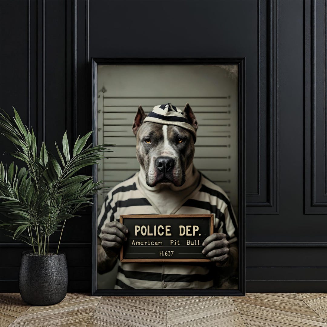 American Pit Bull Poster | Funny Animal Mugshot | Criminal Pet Portrait | Quirky Police Lineup ...
