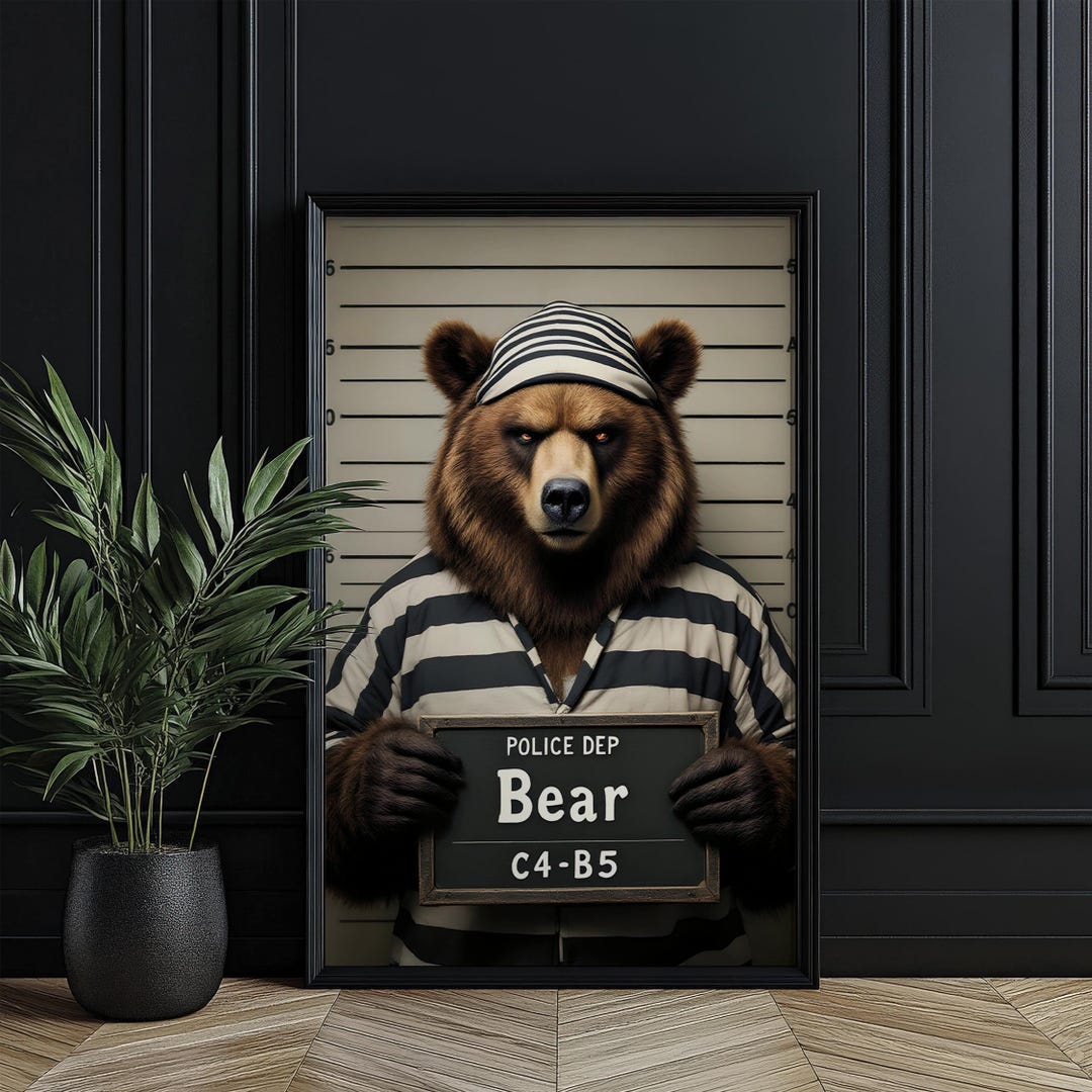 Bear Poster | Funny Mugshot Animal Portrait | Mafia Boss Style Pet Art ...