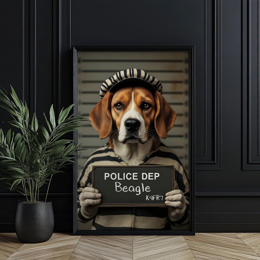 Beagle Funny Poster, Mugshot Animal Portrait | Mafia Boss Style Pet Art | Jail Booking Photo ...