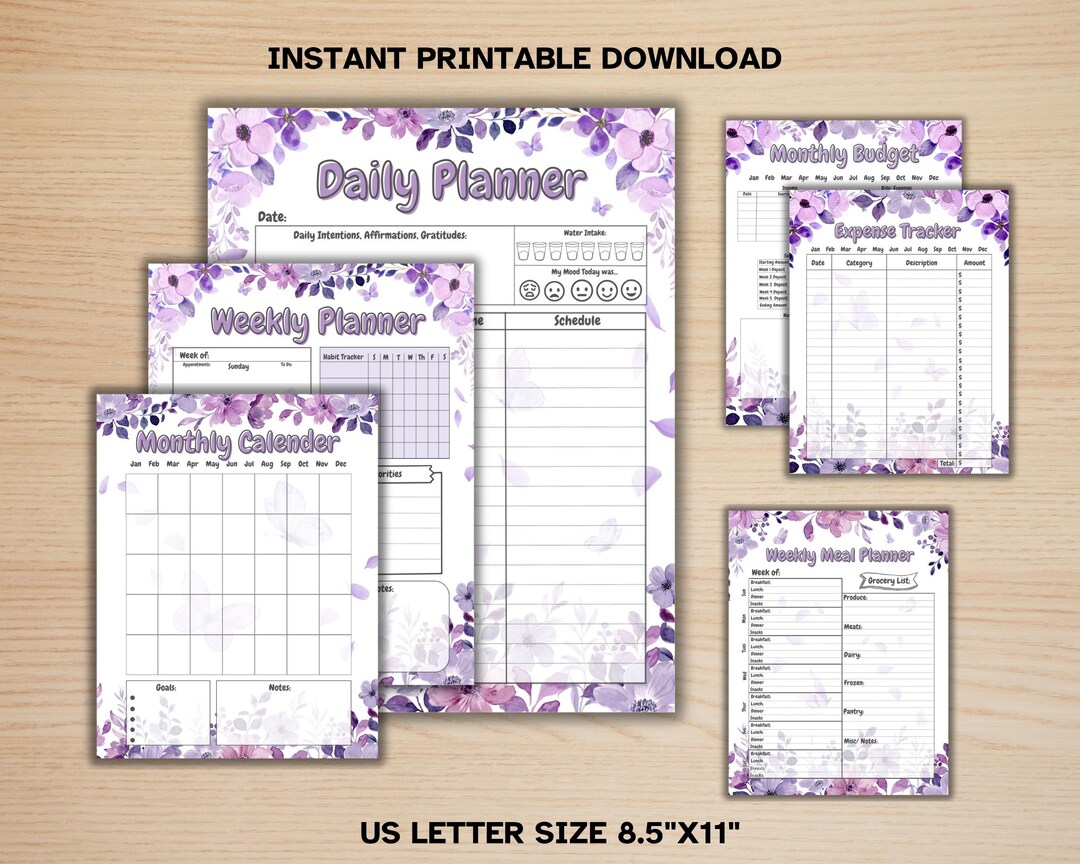 Purple Floral Planner Bundle: Daily, Weekly, Monthly (instant Download ...