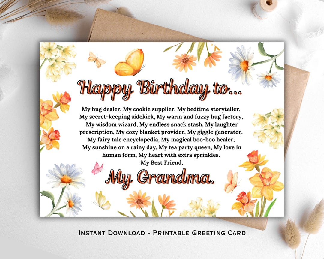 Grandma Happy Birthday Card, Printable Floral & Butterfly Birthday Gift ...