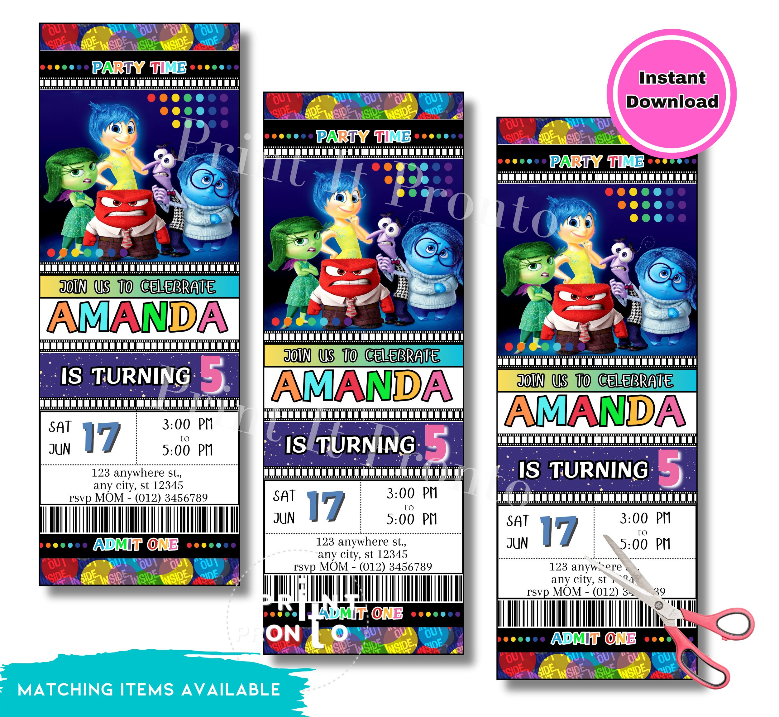 Inside Out Movie Ticket Invite, Inside Out Birthday Invitation, Inside ...