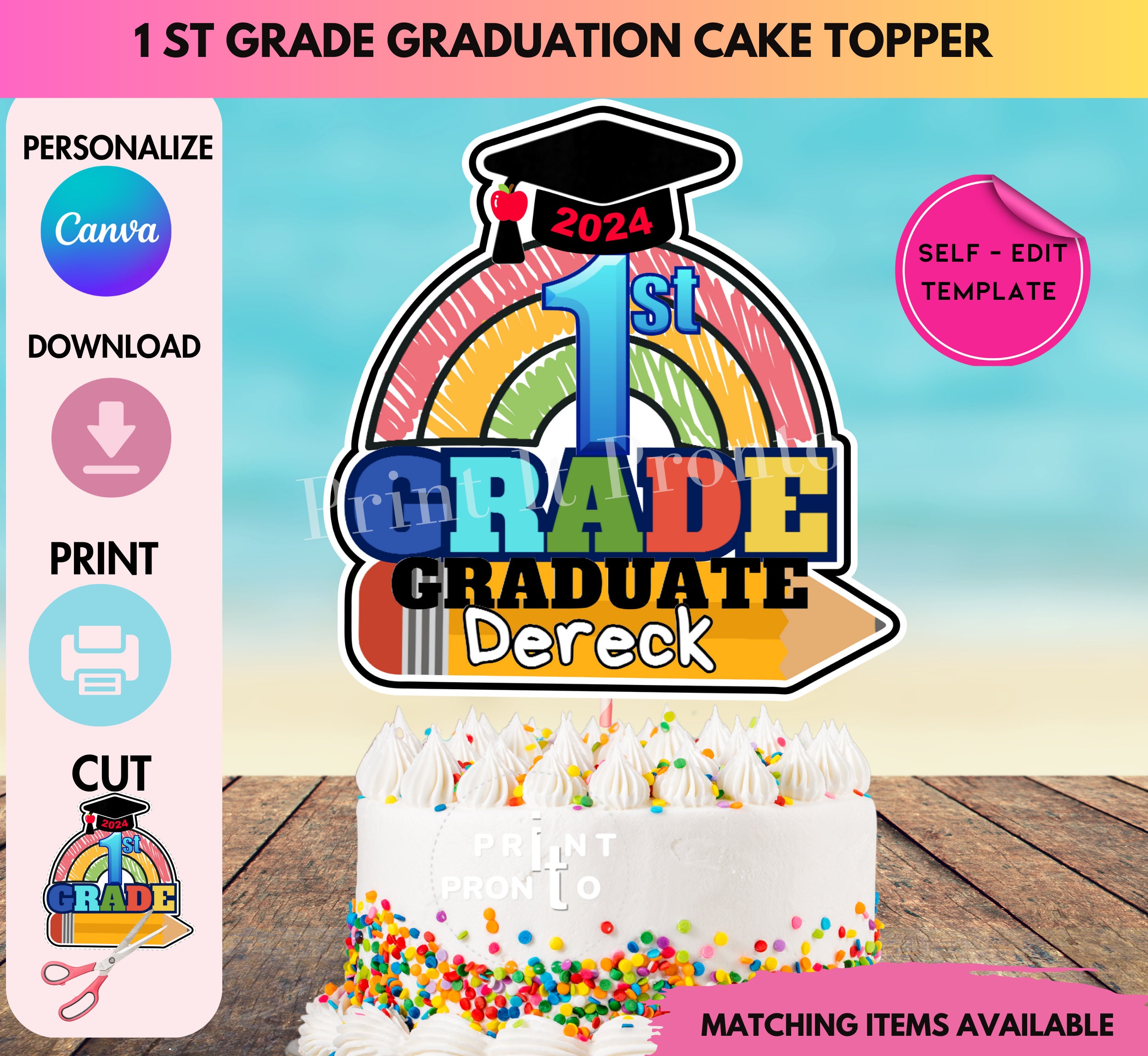 Editable 1st Grade Graduation Cake Topper, Grad 2024, 1st Grade Topper ...