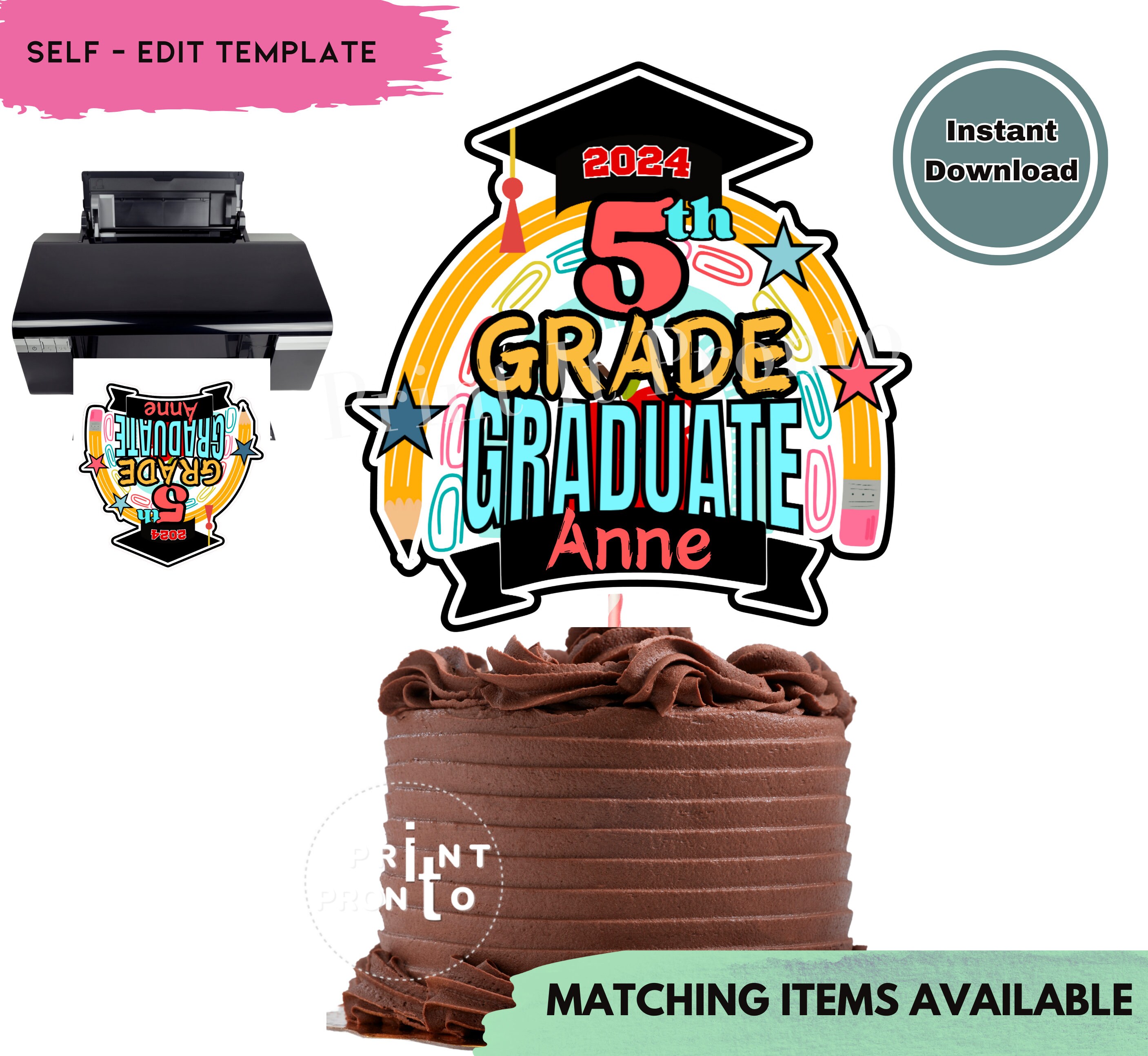 Editable 5th Grade Graduation Cake Topper, Grad 2024, 5th Grade Topper ...