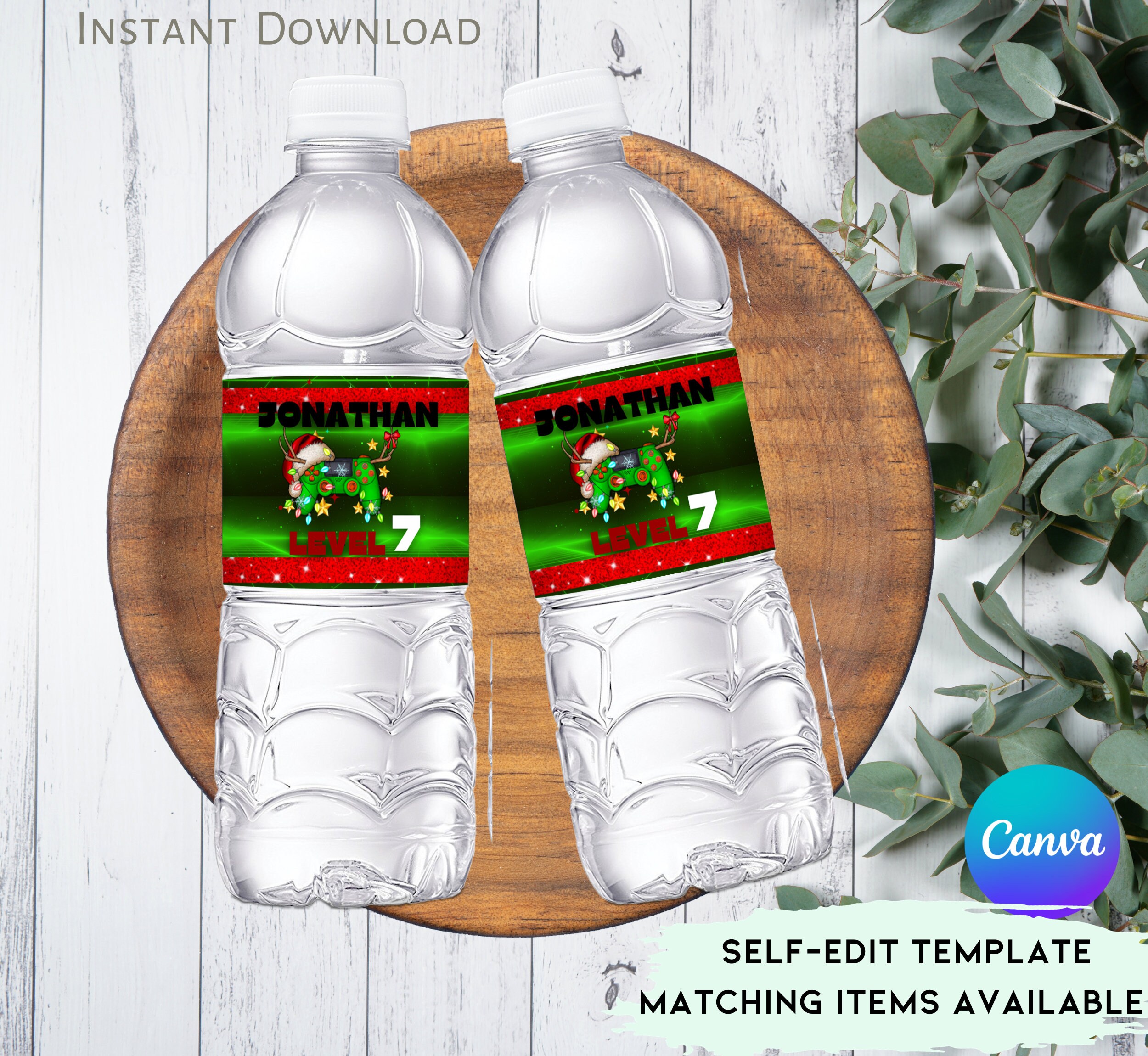 EDITABLE Christmas Water Bottle Labels Gamer Birthday Party Decorations ...