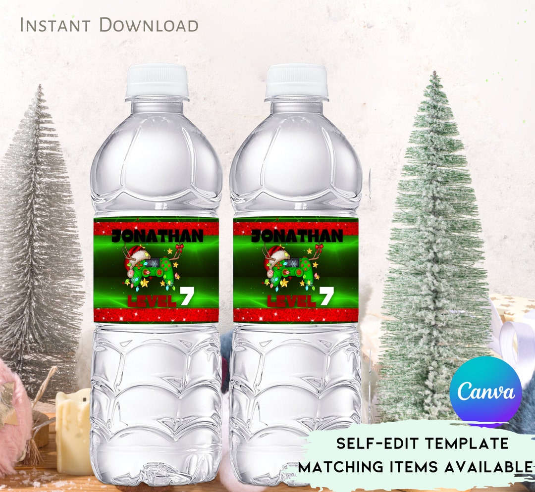 EDITABLE Christmas Water Bottle Labels Gamer Birthday Party Decorations ...