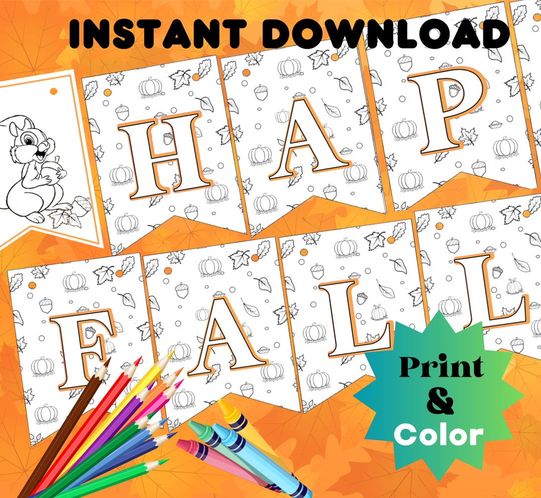 Happy Fall Coloring Banner Fall Garland Activity, Thanksgiving Coloring ...