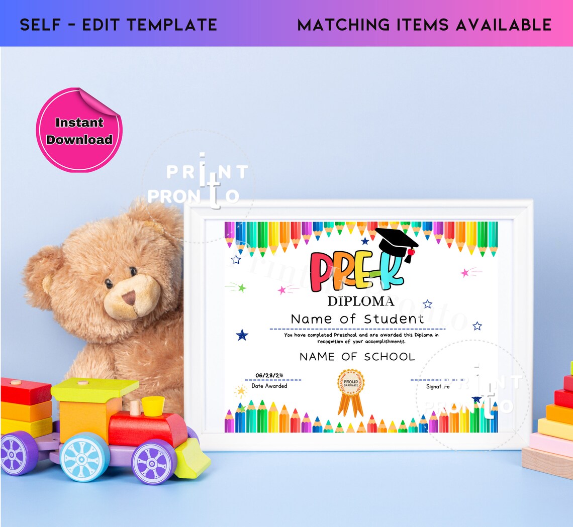 Editable Preschool Certificate, Graduation Diploma, Personalized School ...