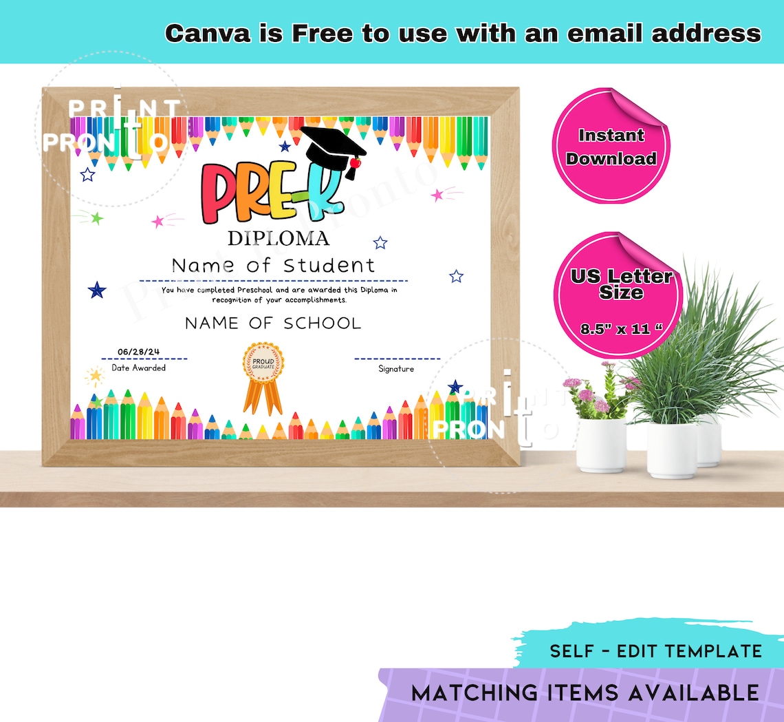 Editable Preschool Certificate, Graduation Diploma, Personalized School ...