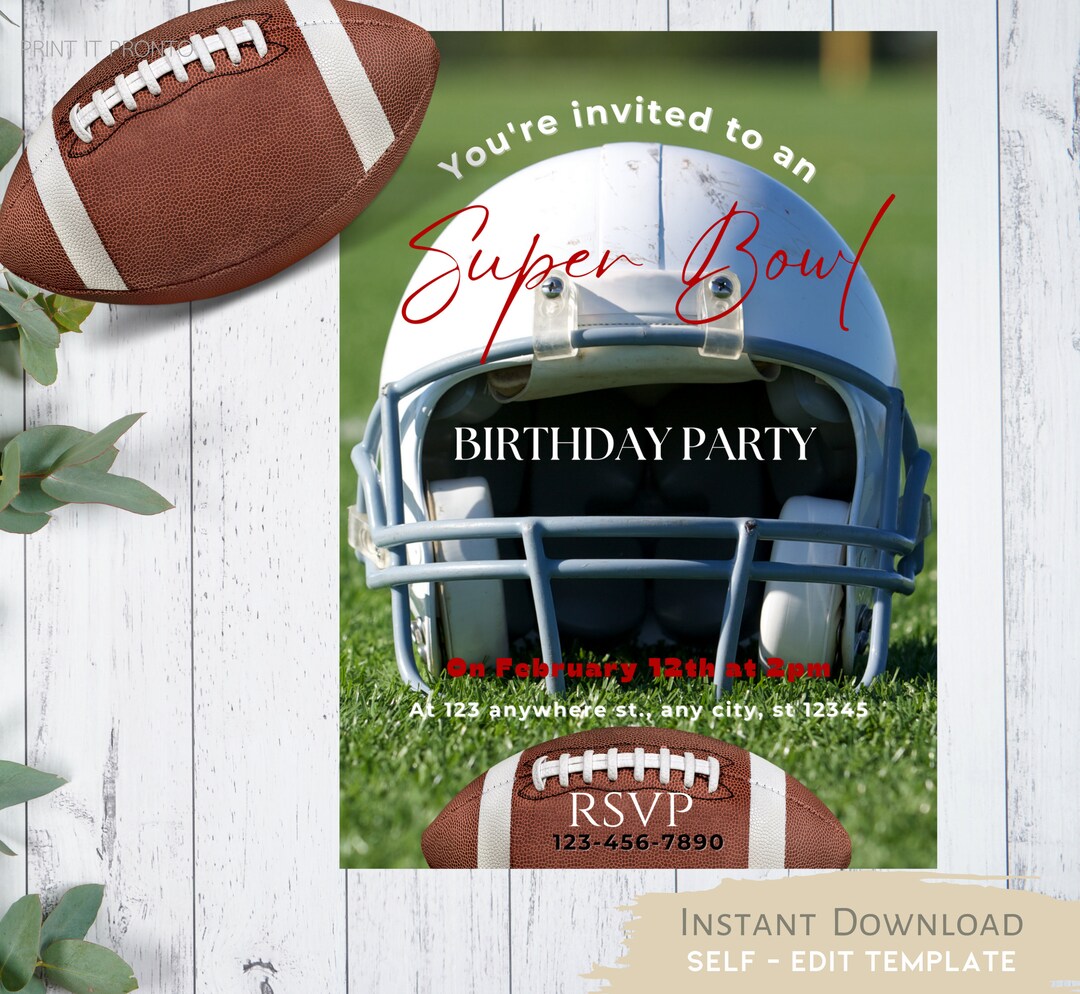 EDITABLE Super Bowl Party Invitation, American Football Birthday ...