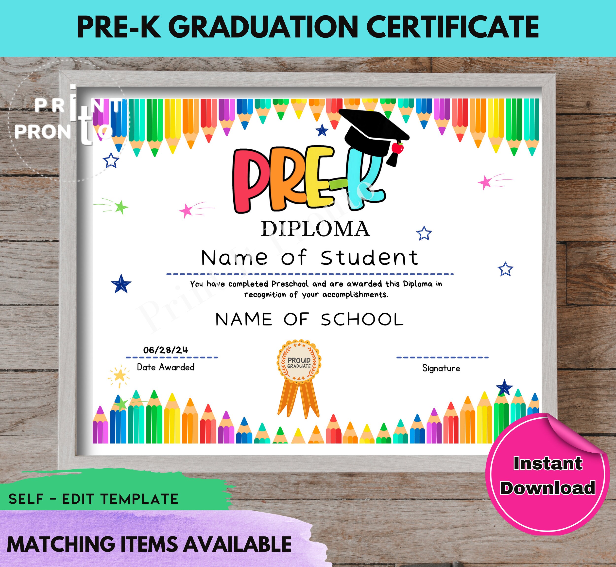 Editable Preschool Certificate, Graduation Diploma, Personalized School ...