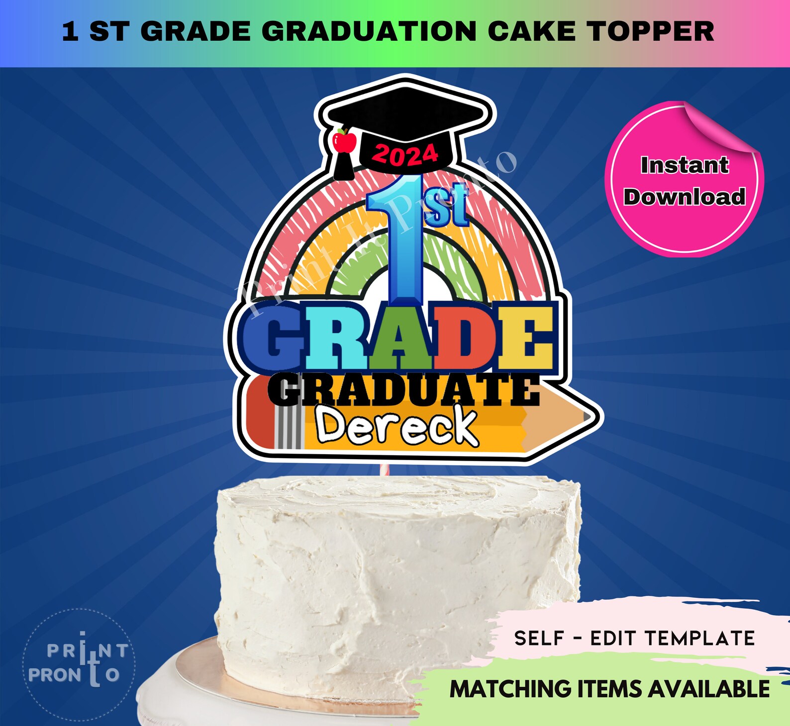 Editable 1st Grade Graduation Cake Topper, Grad 2024, 1st Grade Topper ...