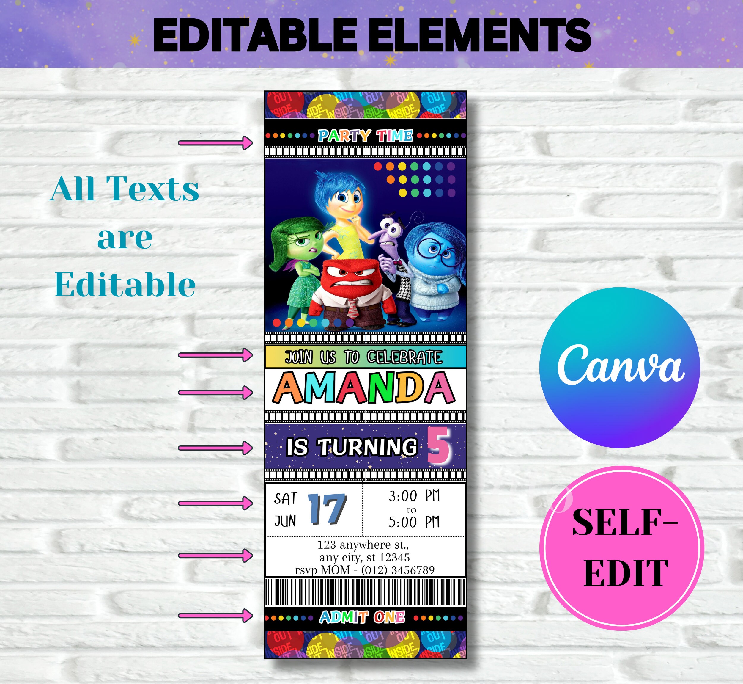 Inside Out Movie Ticket Invite, Inside Out Birthday Invitation, Inside ...