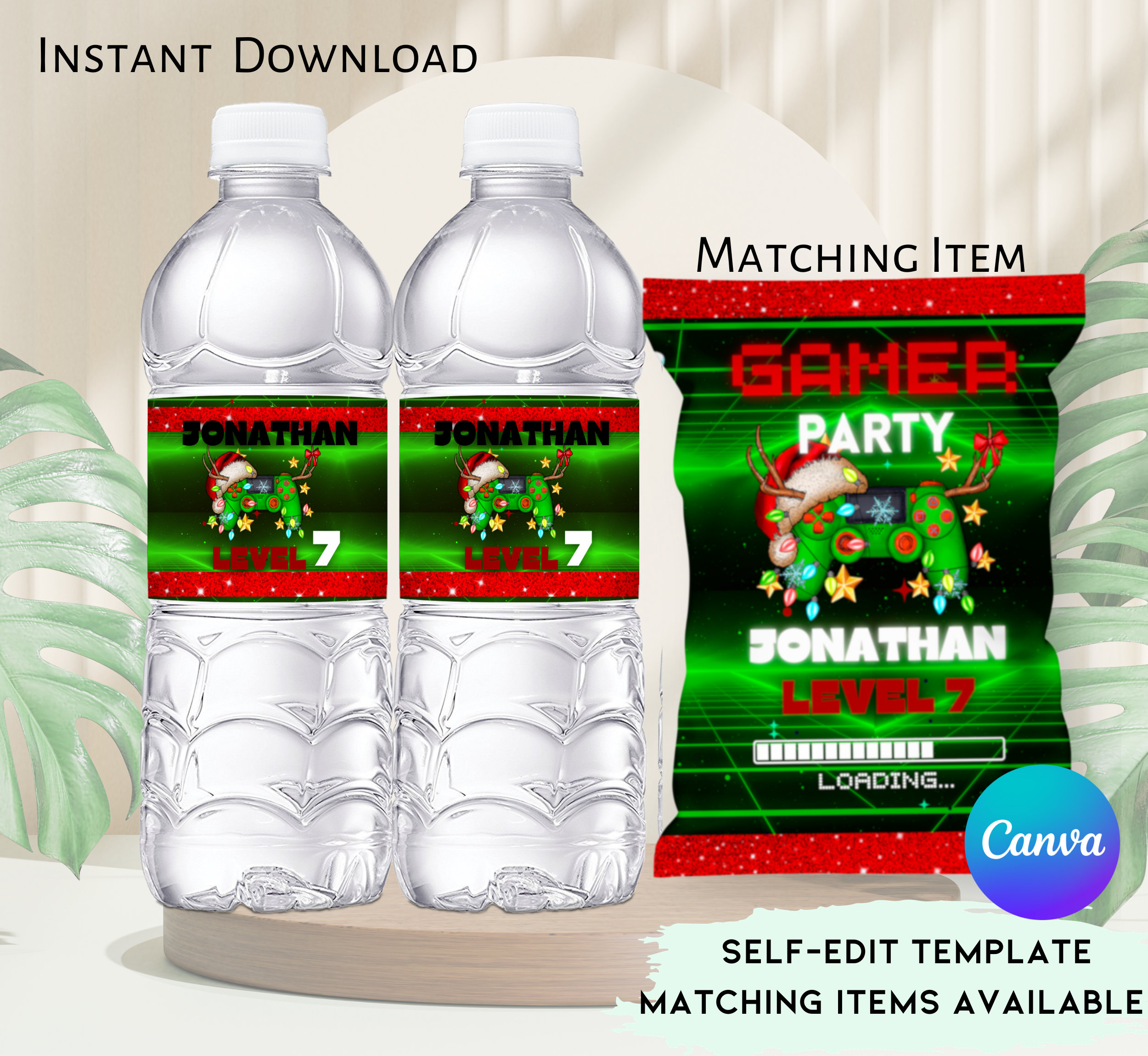 EDITABLE Christmas Water Bottle Labels Gamer Birthday Party - Etsy