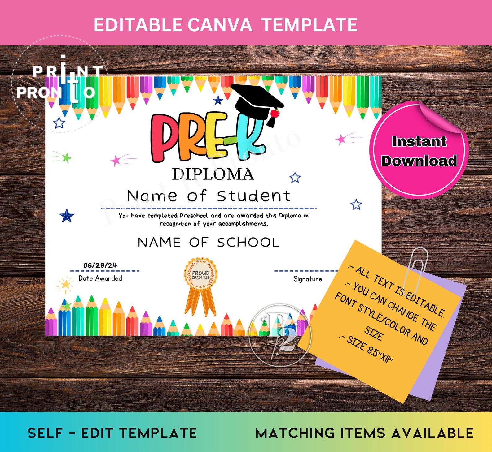 Editable Preschool Certificate, Graduation Diploma, Personalized School ...
