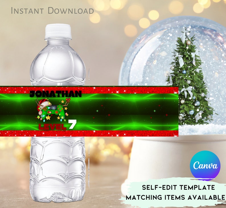 EDITABLE Christmas Water Bottle Labels Gamer Birthday Party Decorations ...