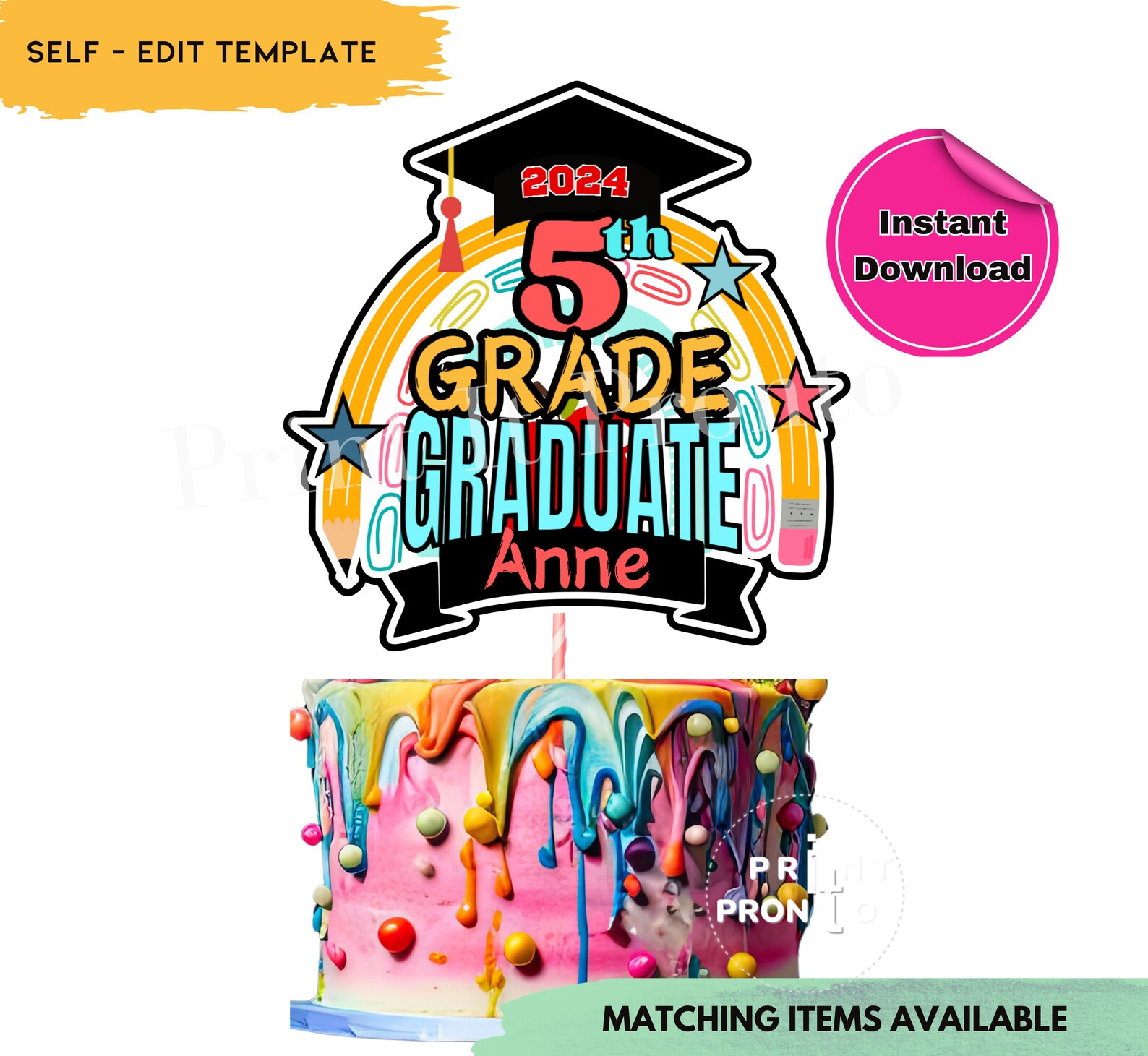 Editable 5th Grade Graduation Cake Topper, Grad 2024, 5th Grade Topper ...