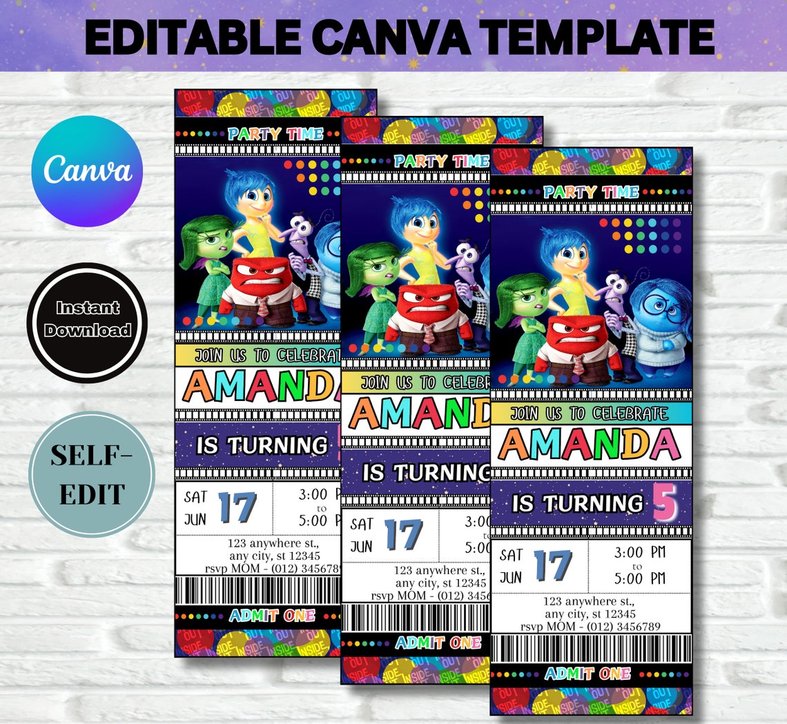 Inside Out Movie Ticket Invite, Inside Out Birthday Invitation, Inside ...