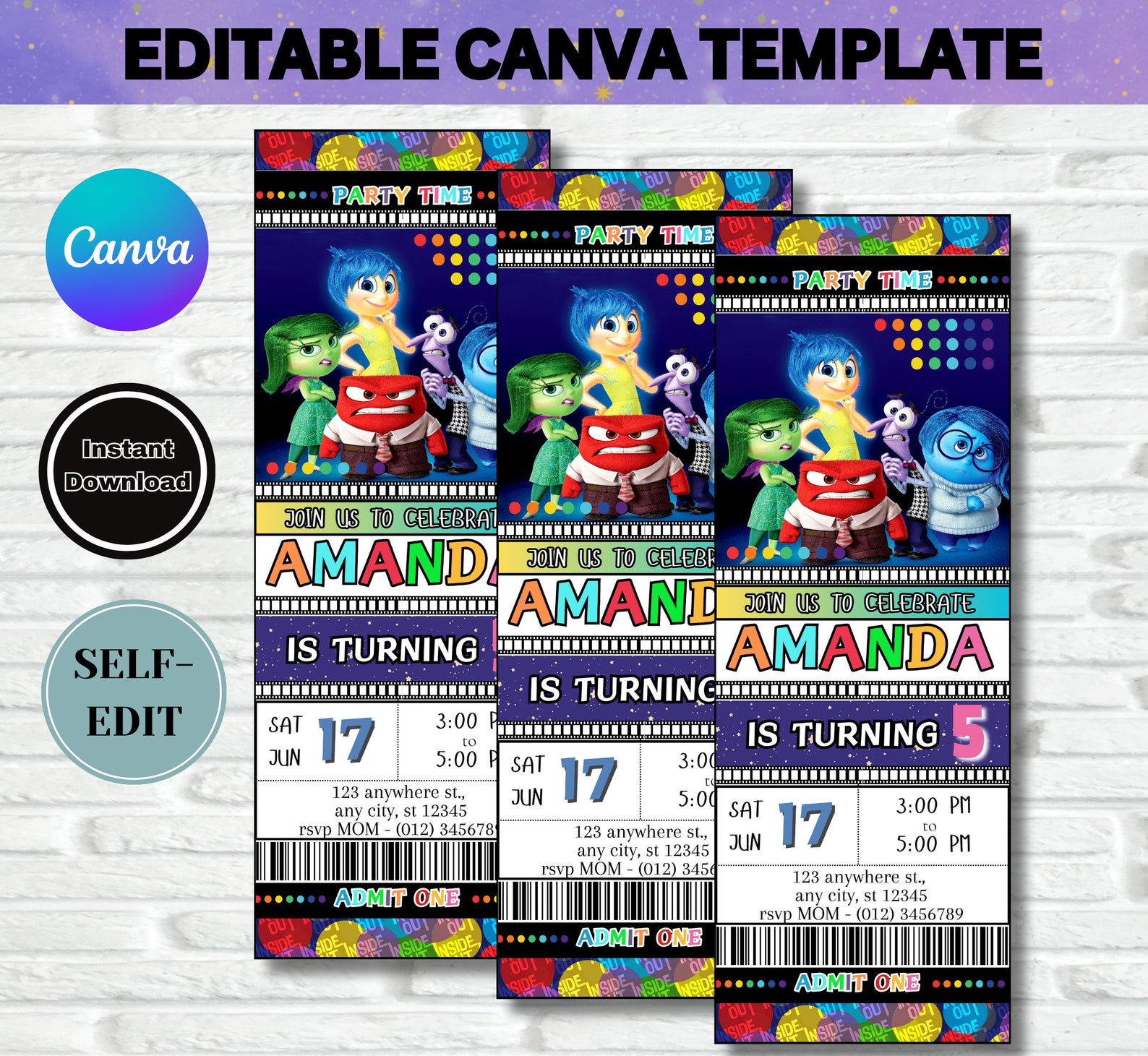 Inside Out Movie Ticket Invite, Inside Out Birthday Invitation, Inside ...