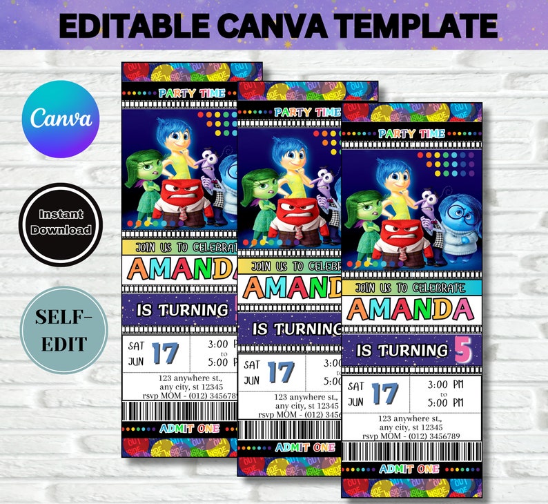 Inside Out Movie Ticket Invite, Inside Out Birthday Invitation, Inside ...