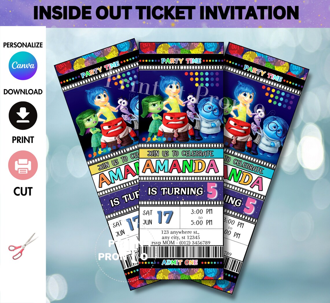 Inside Out Movie Ticket Invite, Inside Out Birthday Invitation, Inside ...