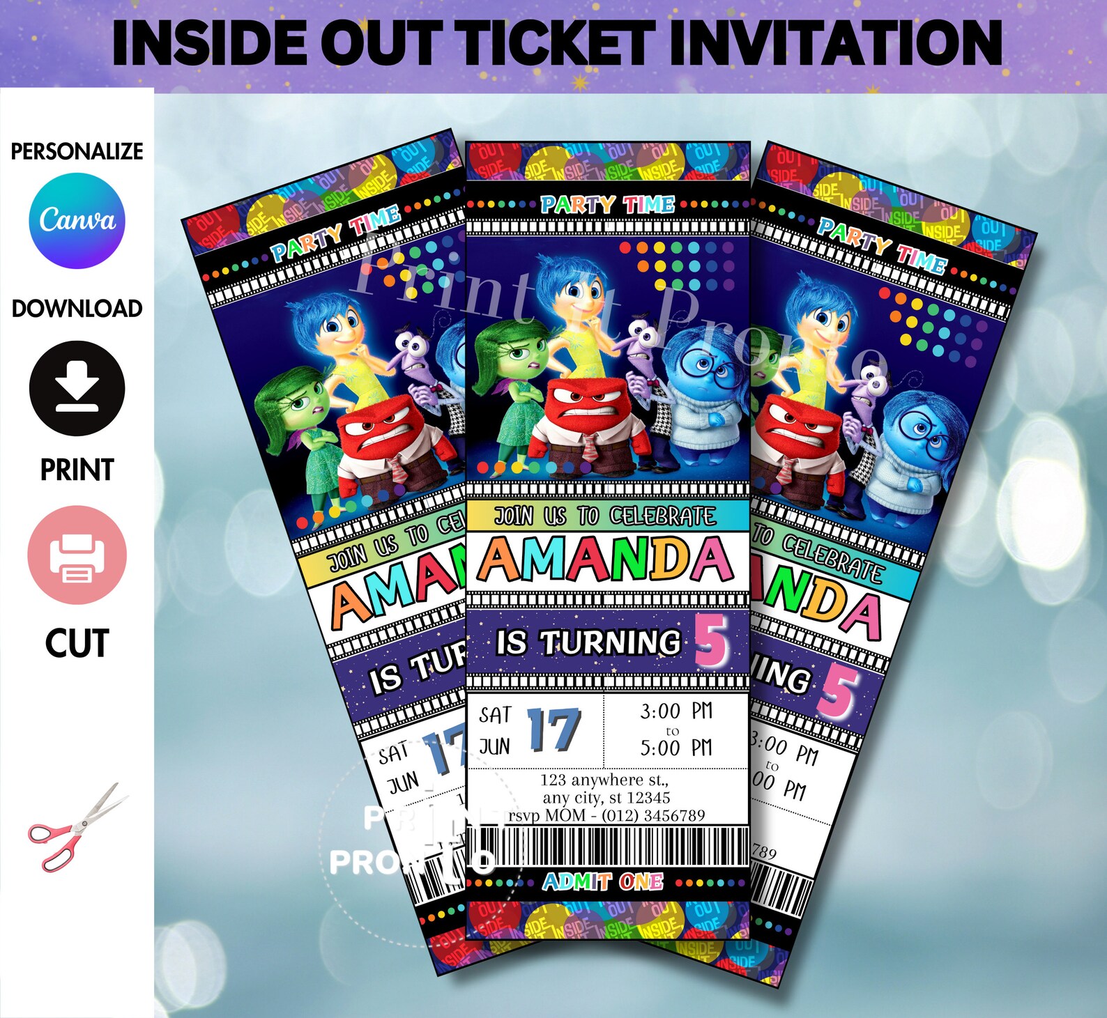 Inside Out Movie Ticket Invite, Inside Out Birthday Invitation, Inside ...