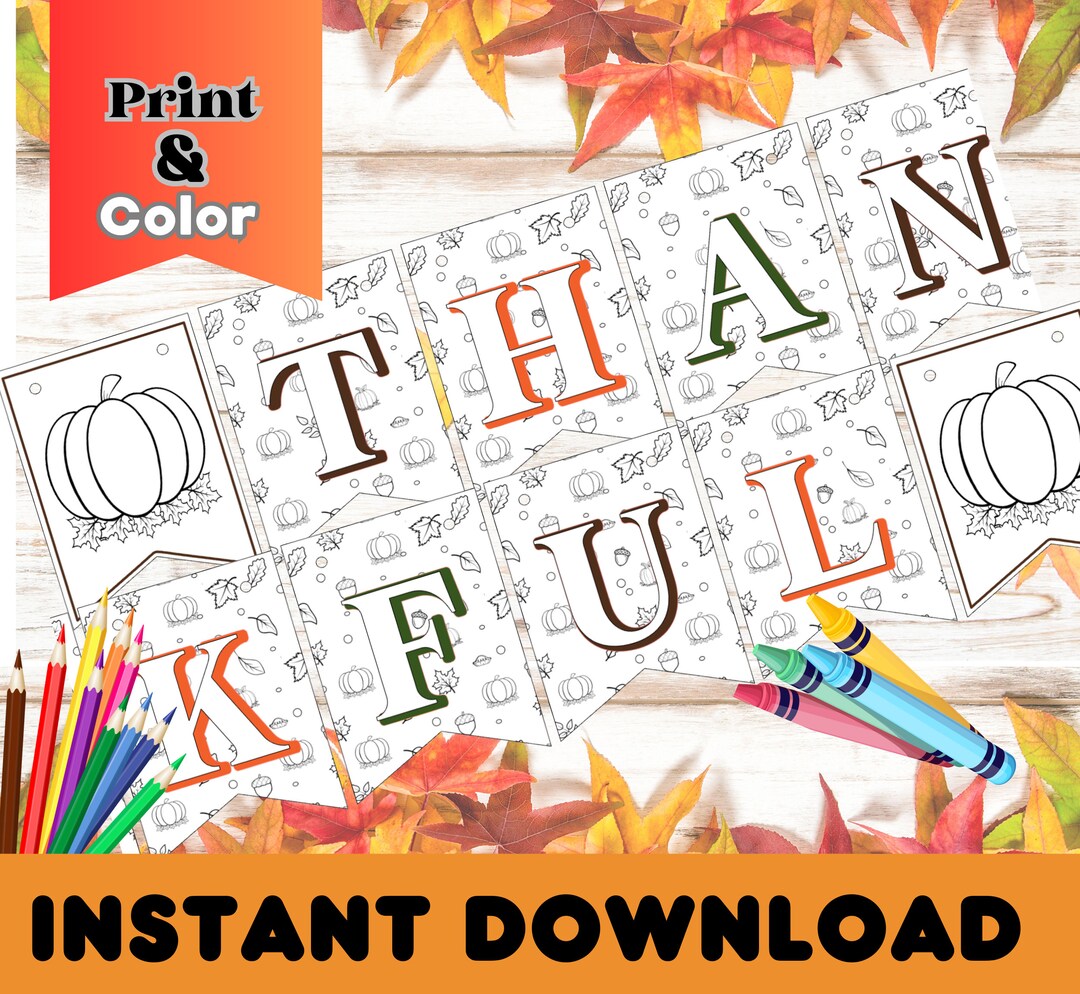 Thankful Coloring Banner, Autumn Activity Garland for Kids ...