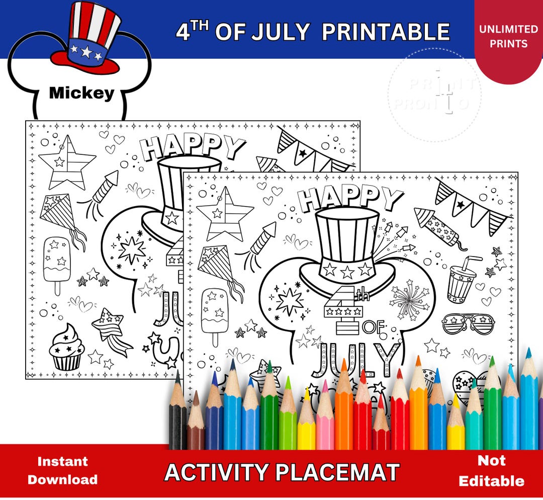Mickey 4th of July Activity Placemat, 4th of July Coloring, Kids ...