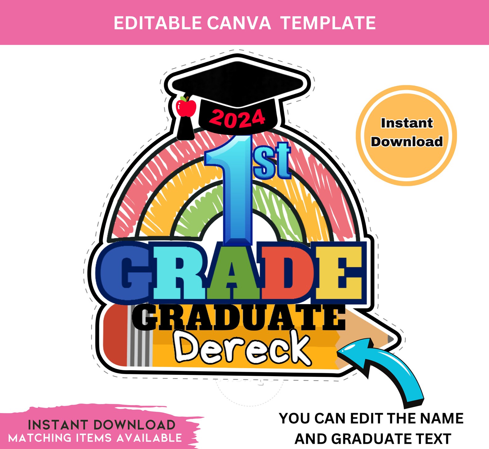 Editable 1st Grade Graduation Cake Topper, Grad 2024, 1st Grade Topper ...