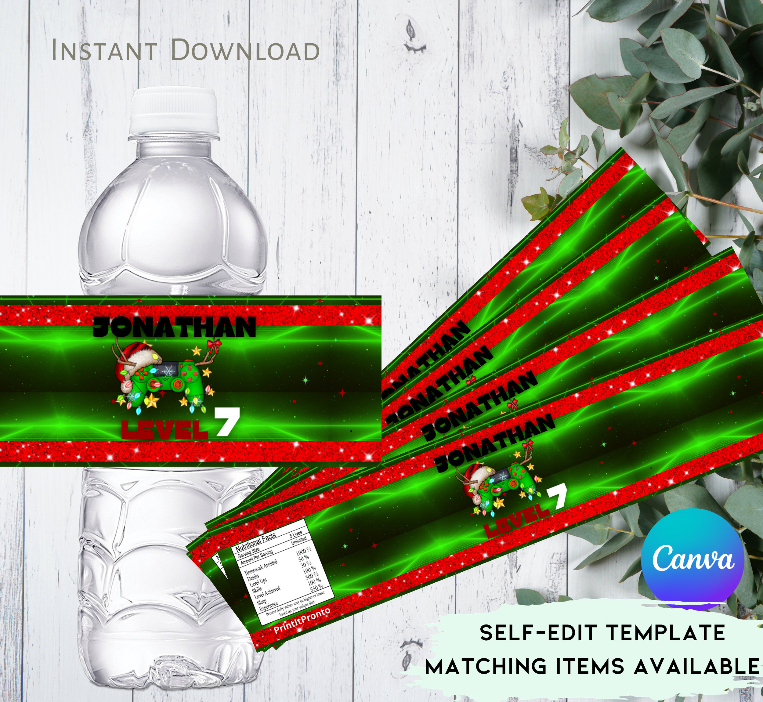 EDITABLE Christmas Water Bottle Labels Gamer Birthday Party Decorations ...