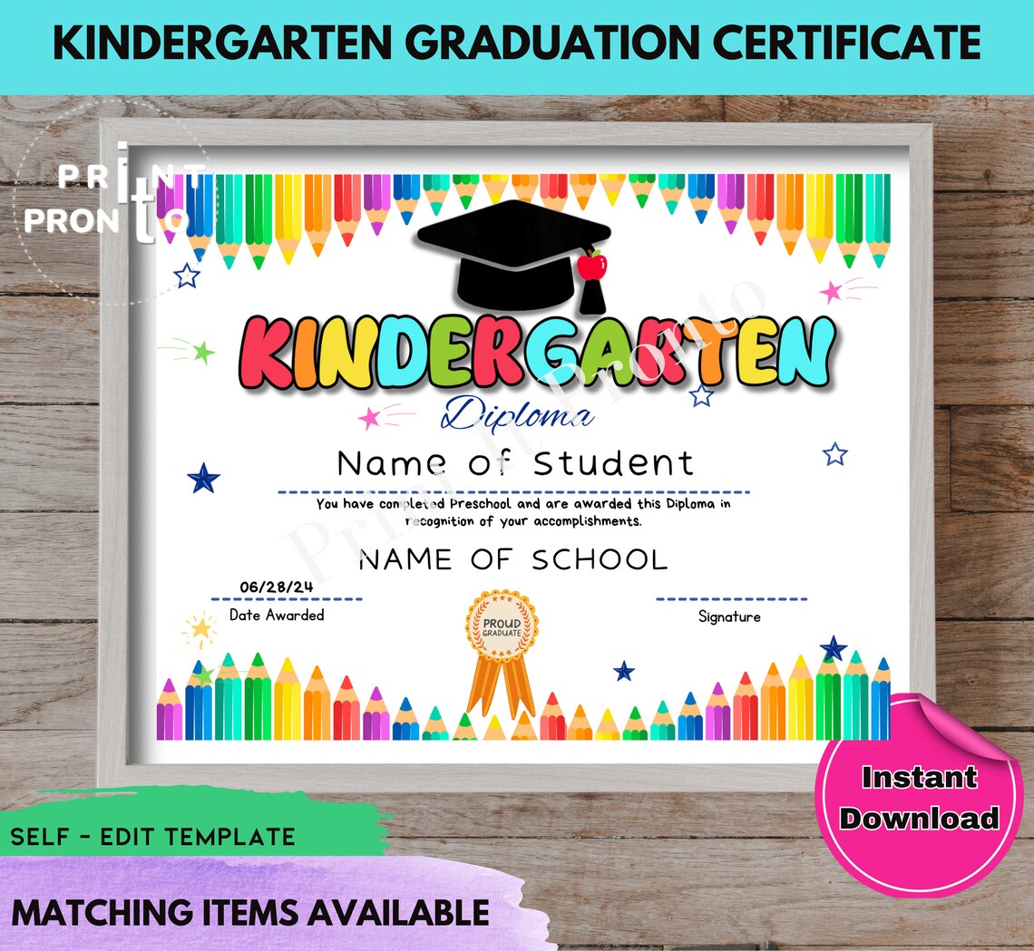 Editable Kindergarten Diploma, Preschool Graduation, Editable School ...