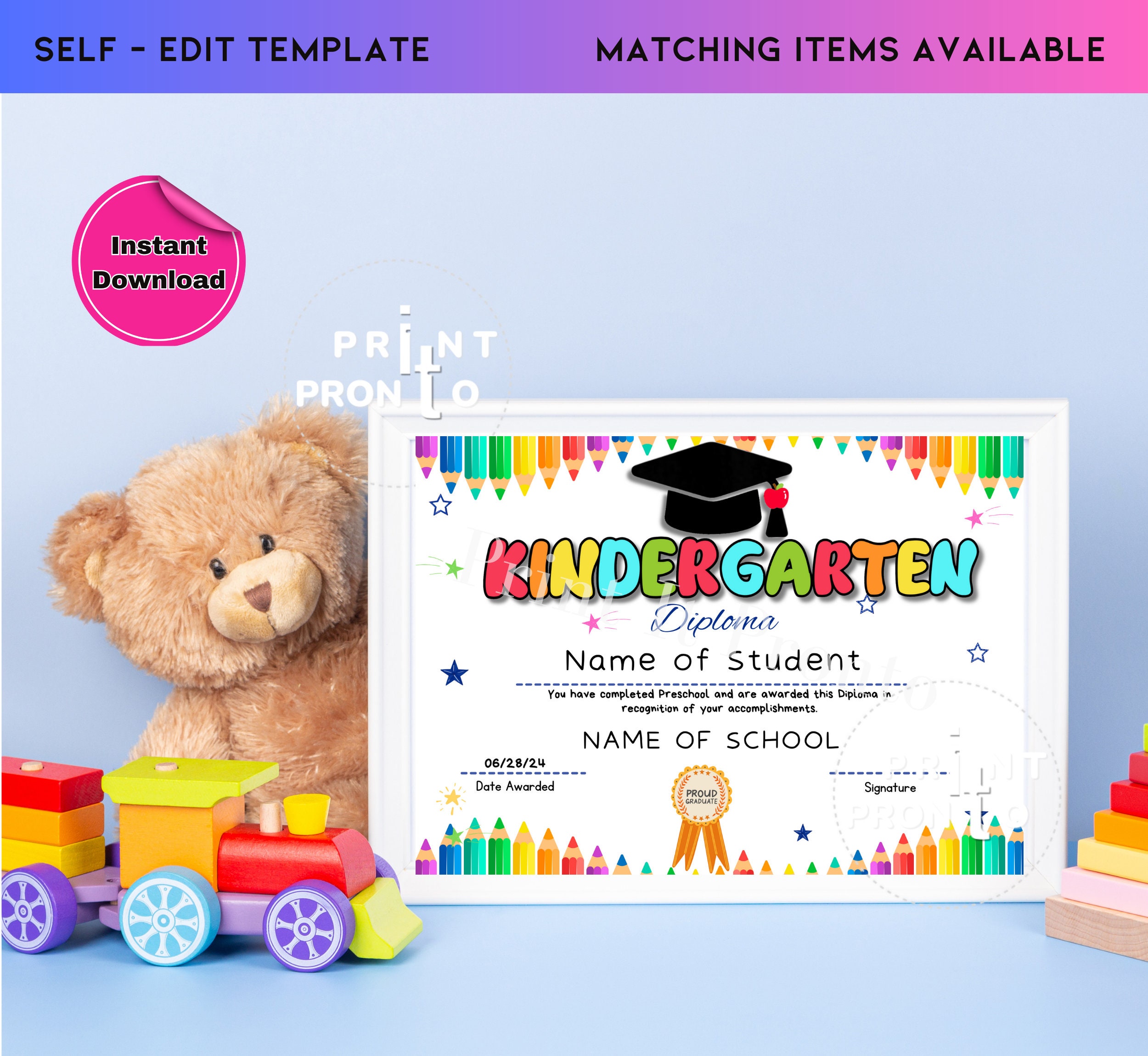 Editable Kindergarten Diploma, Preschool Graduation, Editable School ...