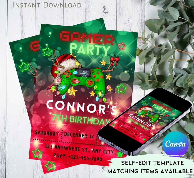 EDITABLE Gamer Christmas Invitation Party Gamer Birthday Party ...