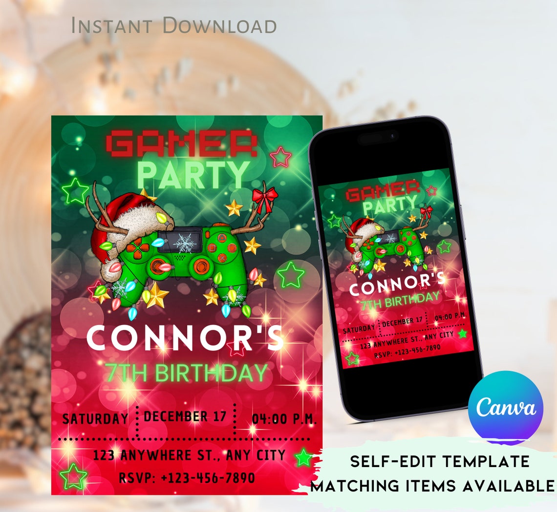 EDITABLE Gamer Christmas Invitation Party Gamer Birthday Party - Etsy