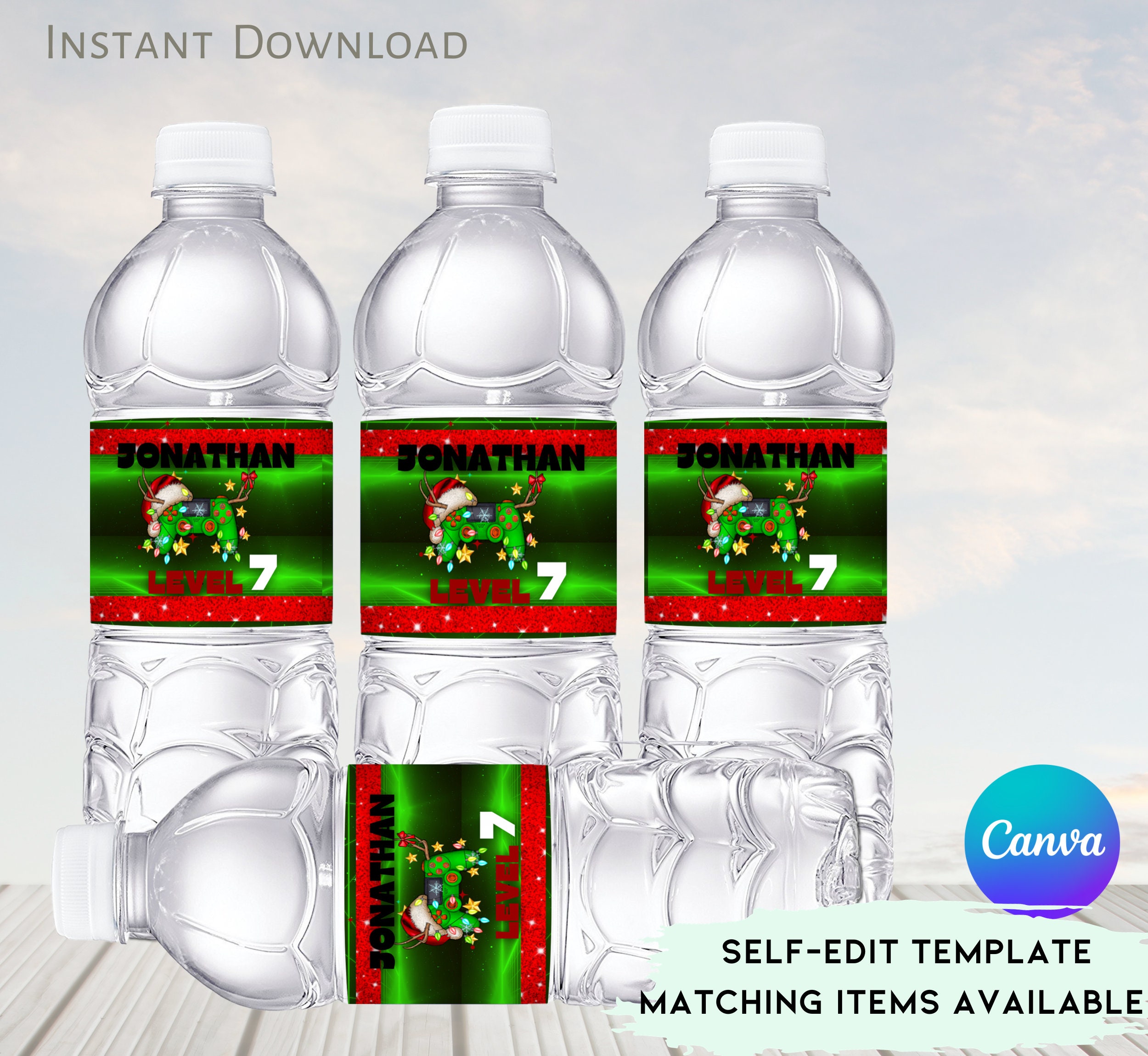 EDITABLE Christmas Water Bottle Labels Gamer Birthday Party - Etsy