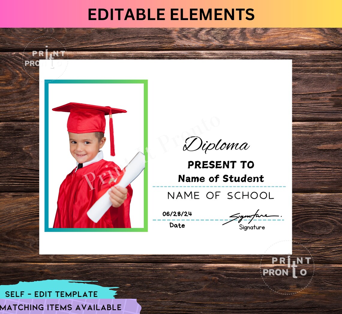 Editable Graduation Certificate With Photo, Preschool Diploma ...