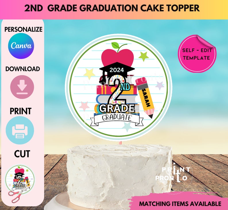 EDITABLE 2nd Grade Graduation Cake Topper, School Graduation Party ...