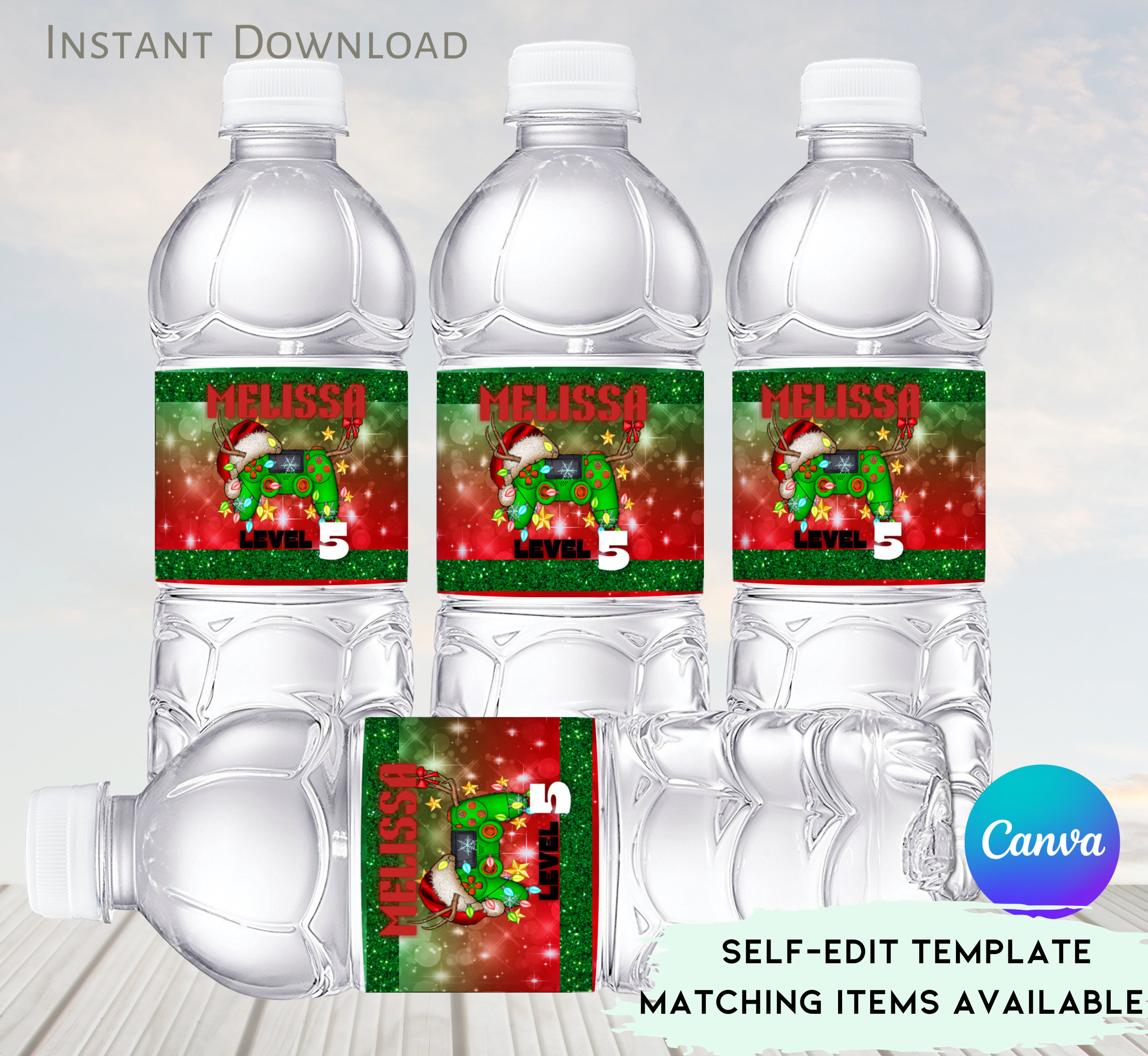 EDITABLE Christmas Water Bottle Labels Gamer Birthday Party - Etsy