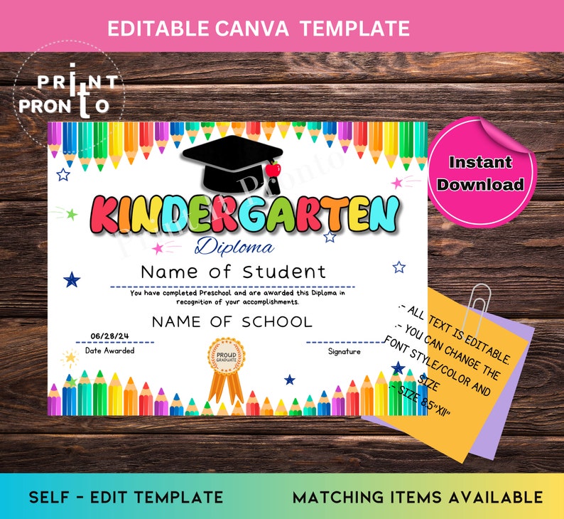 Editable Kindergarten Diploma, Preschool Graduation, Editable School ...