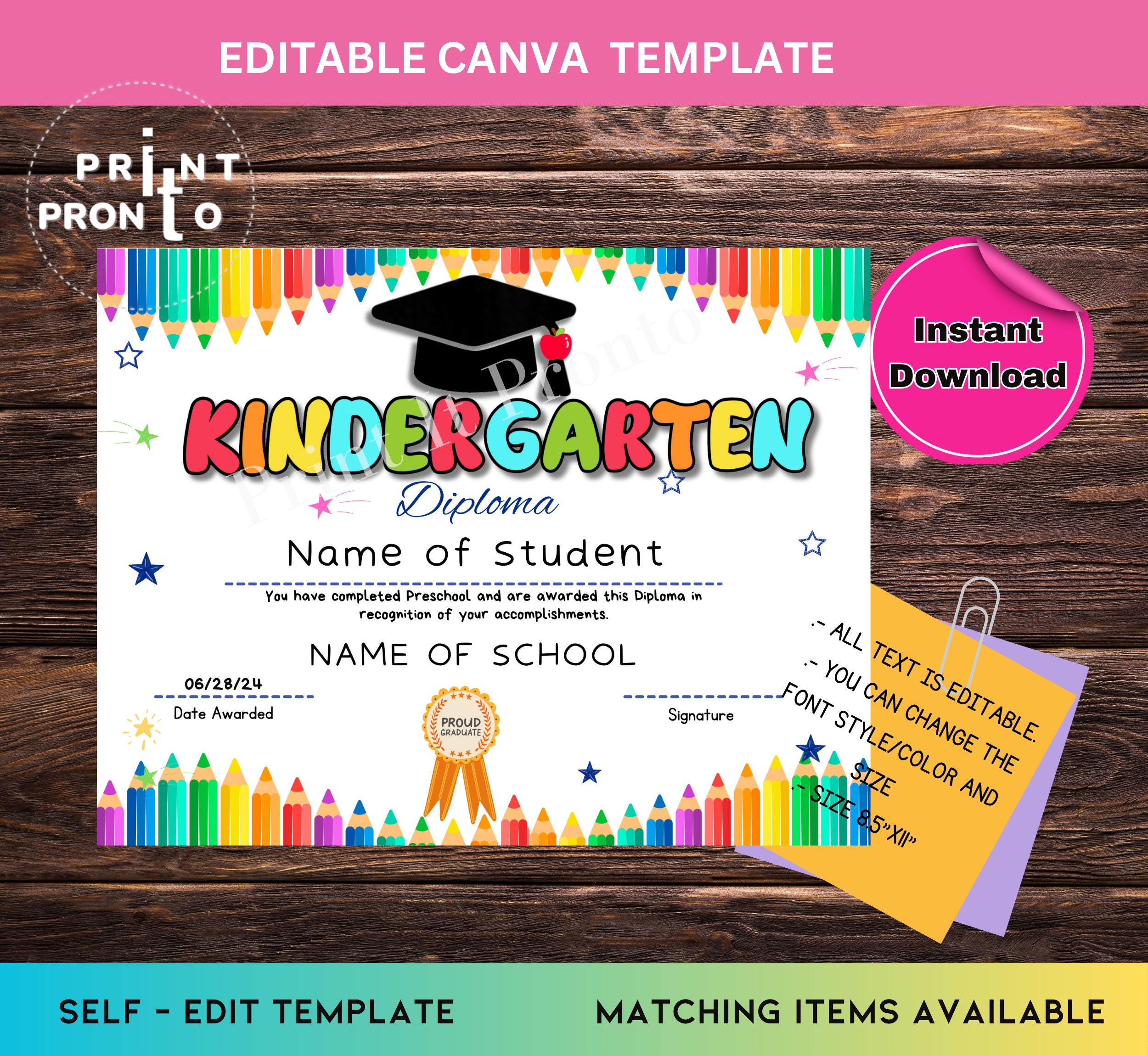 Editable Kindergarten Diploma, Preschool Graduation, Editable School ...