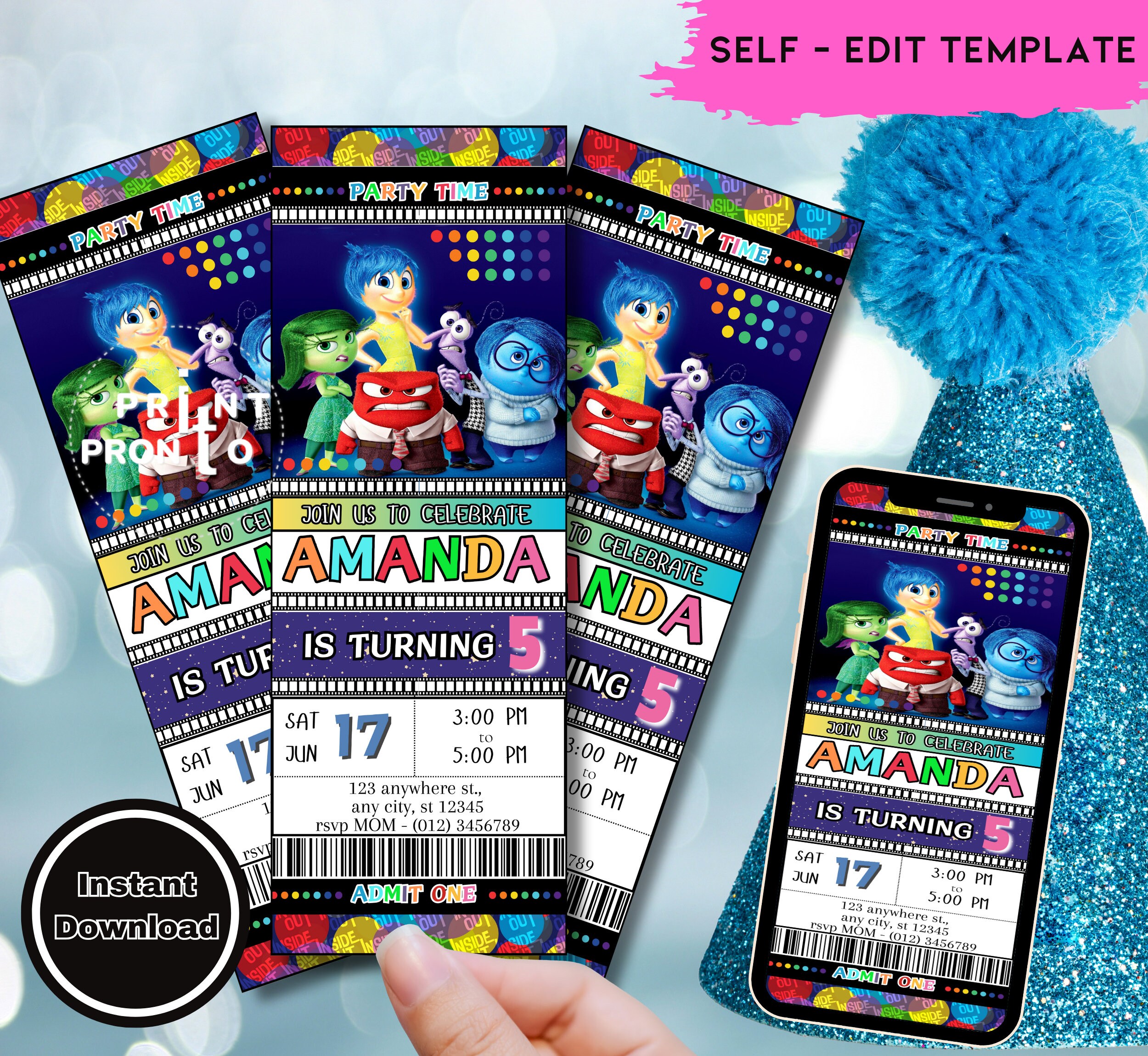 Inside Out Movie Ticket Invite, Inside Out Birthday Invitation, Inside ...